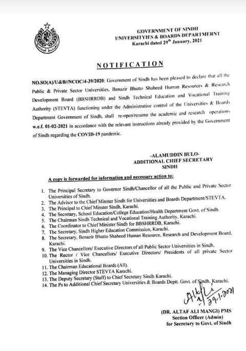 Sindh Government Issued Notification Regarding Reopening Educational ...