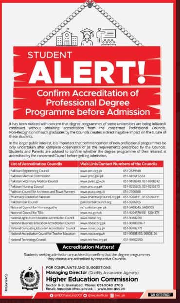 HEC Alert For Students to Confirm Accreditation of Programs Before ...