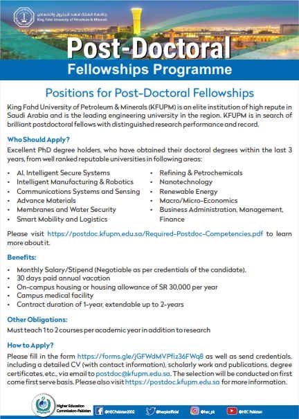 HEC Post-Doctoral Fellowship Program 2021 At King Fahd University