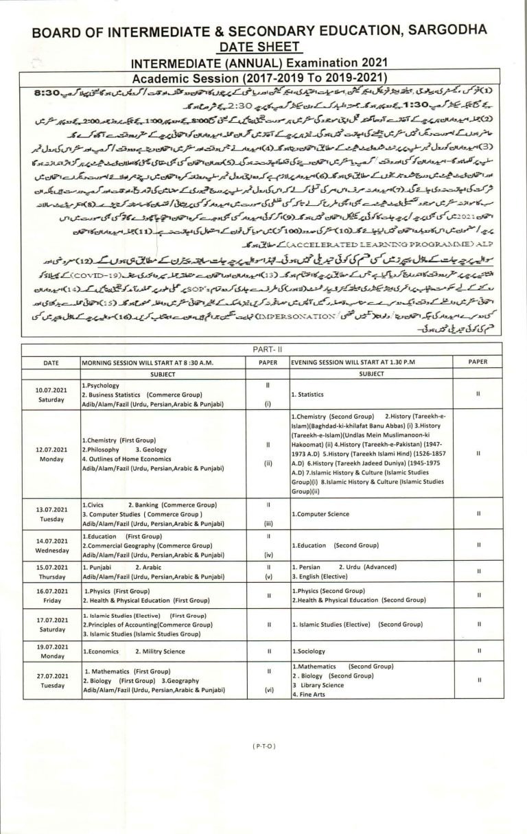 Sargodha Board HSSC Part II 12th Class Date Sheet 2021