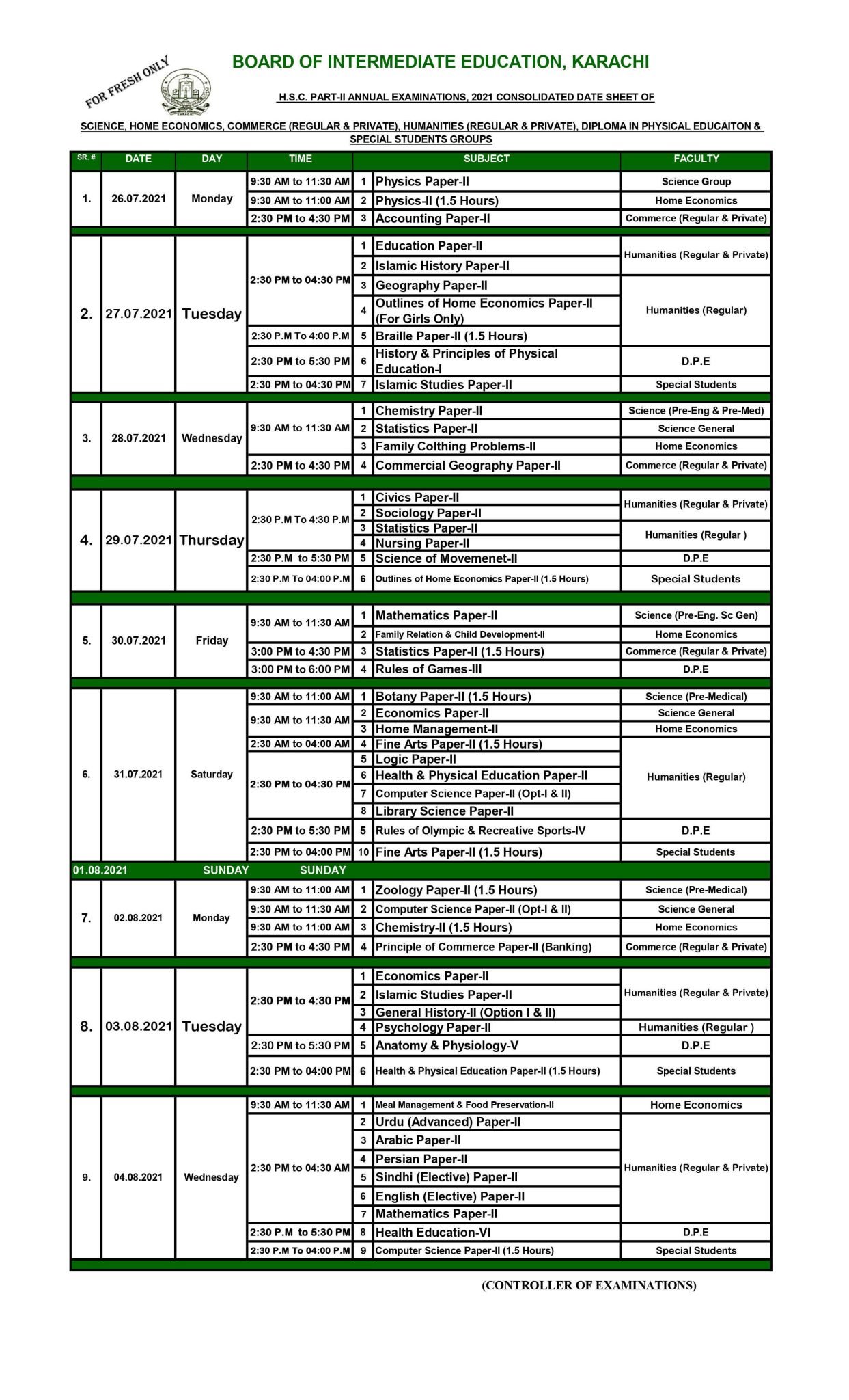 Karachi Board BIEK Intermediate Part II 12th Date Sheet 2021 Karachi Board BIEK Intermediate Part II 12th Date Sheet 2021