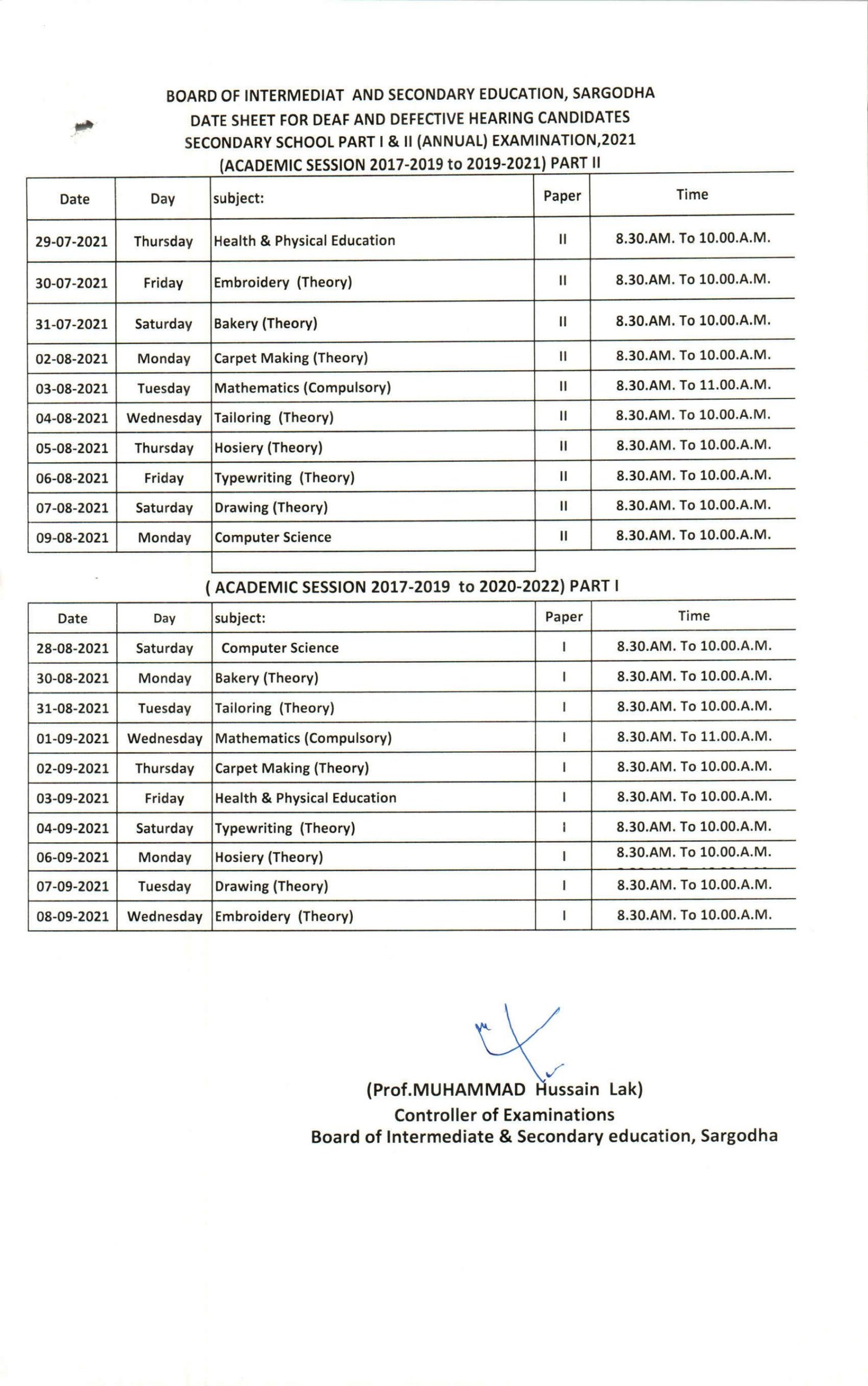 BISE Sargodha Date Sheet For 9th 10th Exams 2021 For Special Students