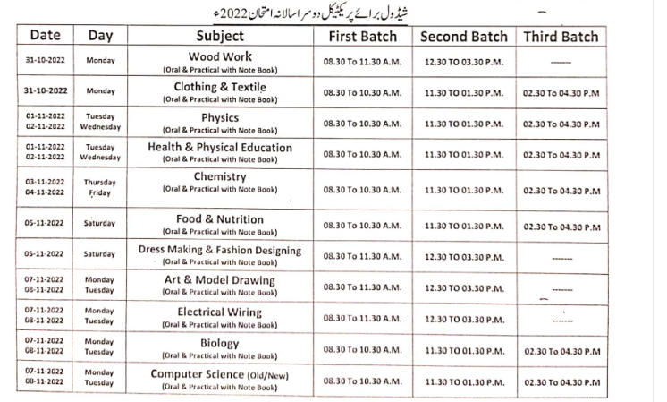 BISE Multan SSC (Matric) 2nd Practical Examination Date sheet 2022