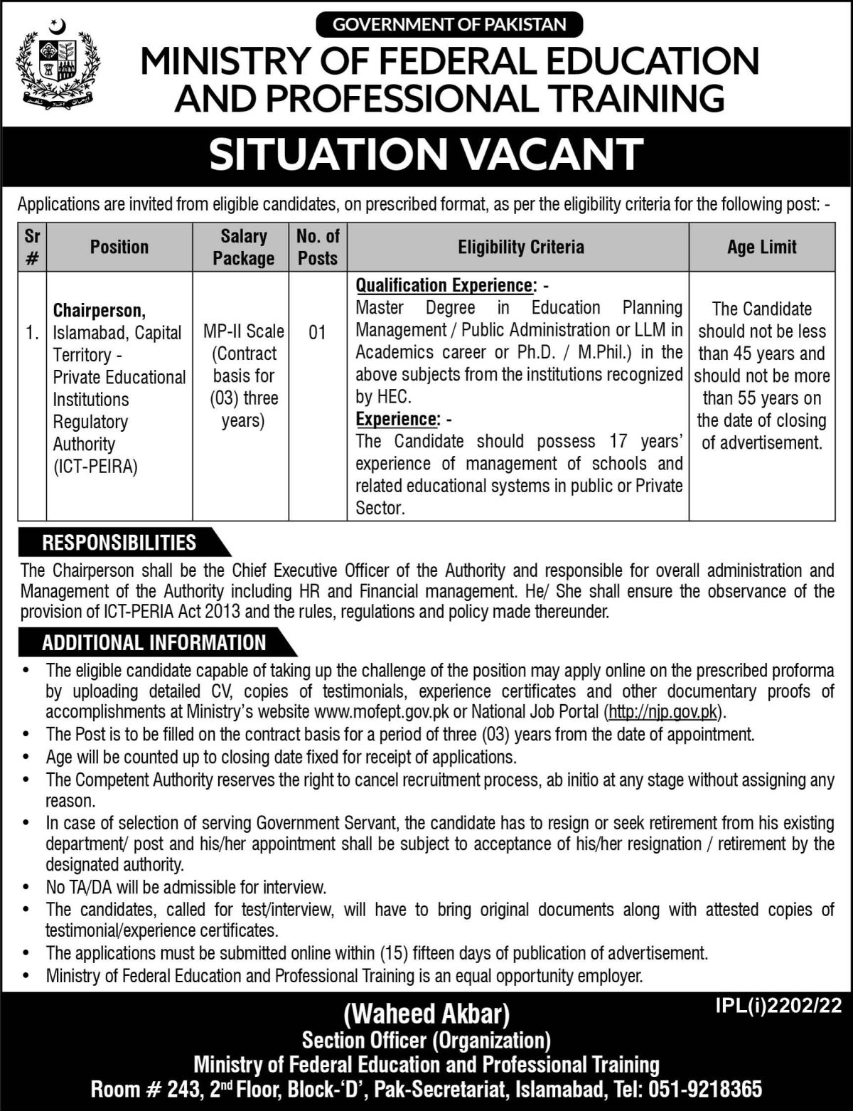 Ministry Of Federal Education And Professional Training Islamabad Jobs 2022 ministry-of-federal-education-and-professional-training-islamabad-jobs-2022