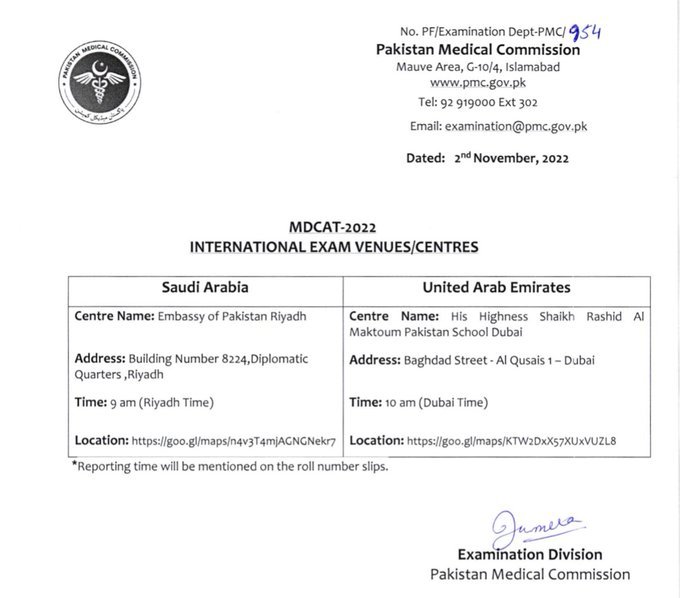 PMC Announced MDCAT 2022 International Exam Venues Centers