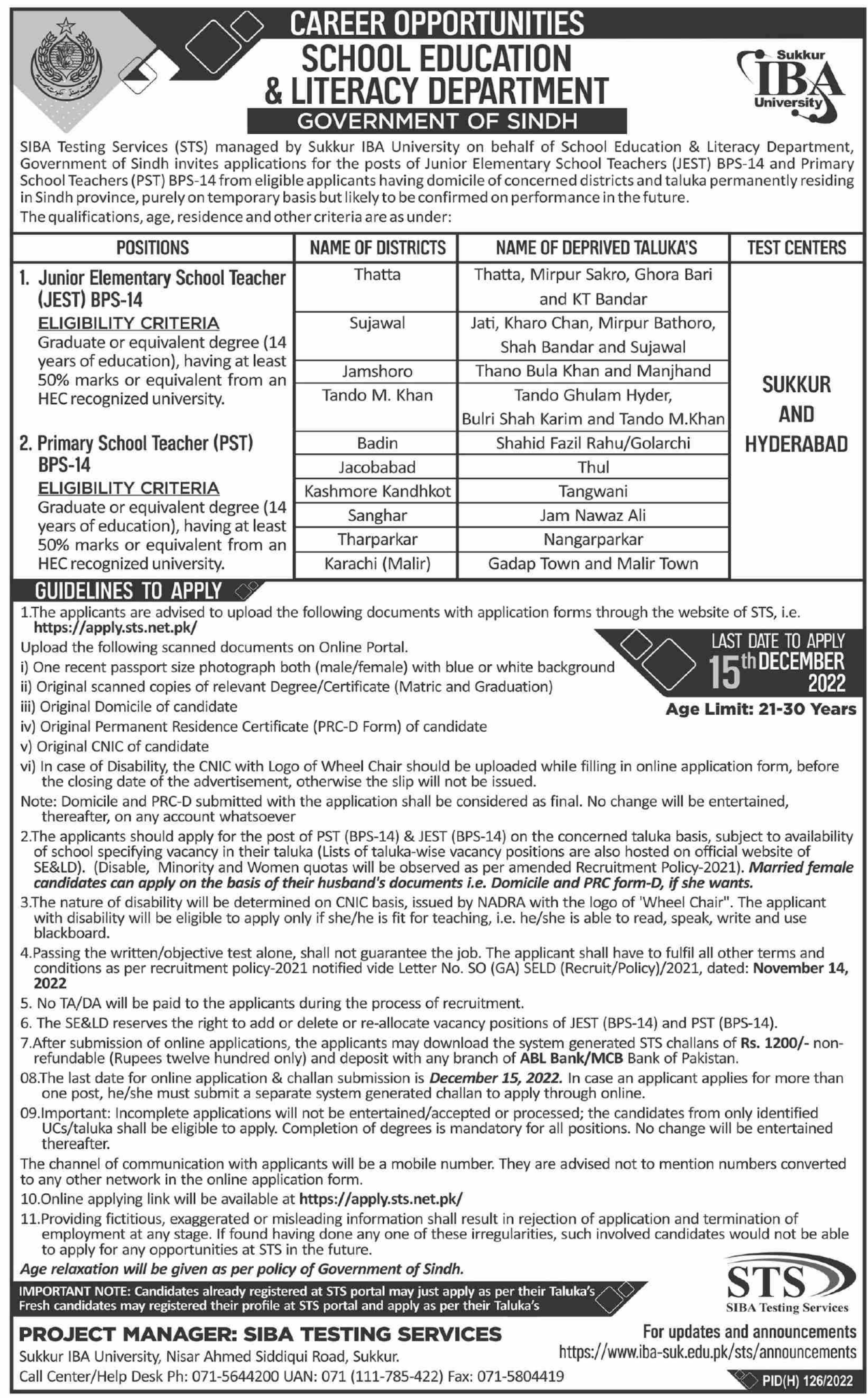 School Education Department Sindh JEST PST Jobs 2022