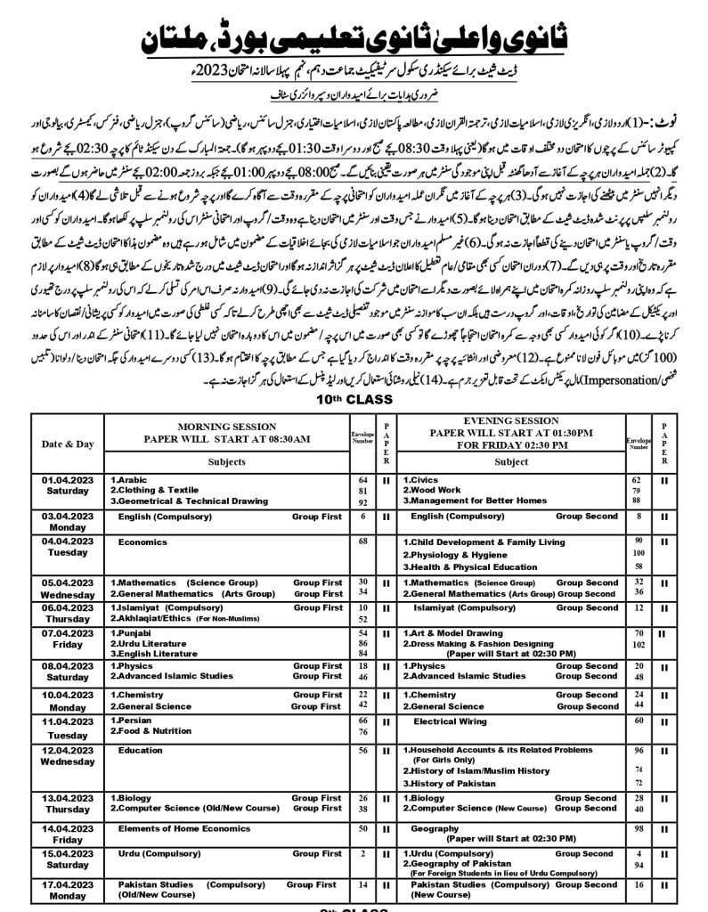 BISE Multan Board 10th Class 1st Annual Exam Date Sheet 2023