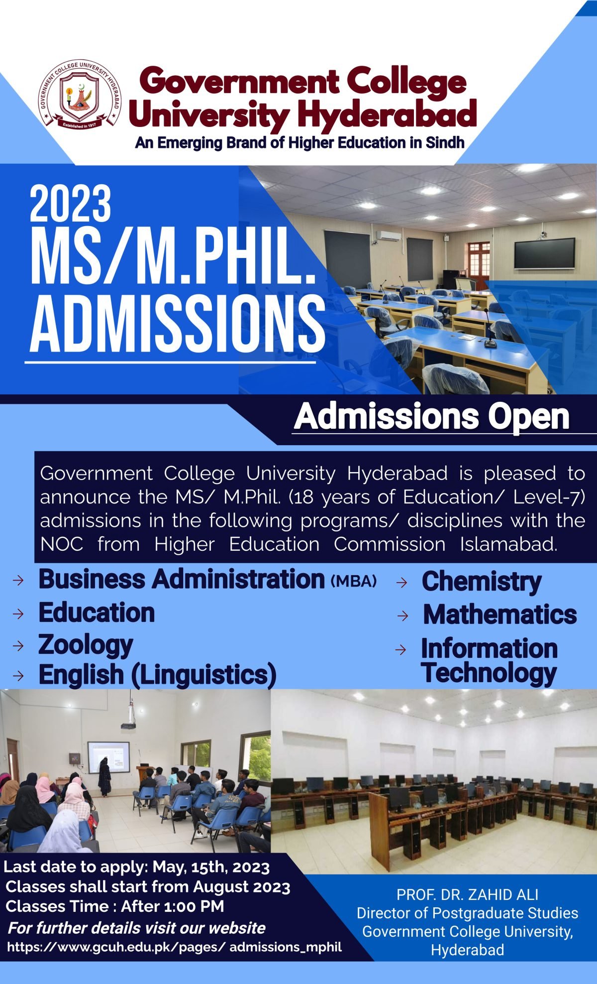 Government College University Hyderabad GCUH MS/M.Phil Admissions 2023